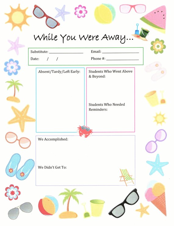 Printable Substitute Note Beach While You Were Away - Etsy