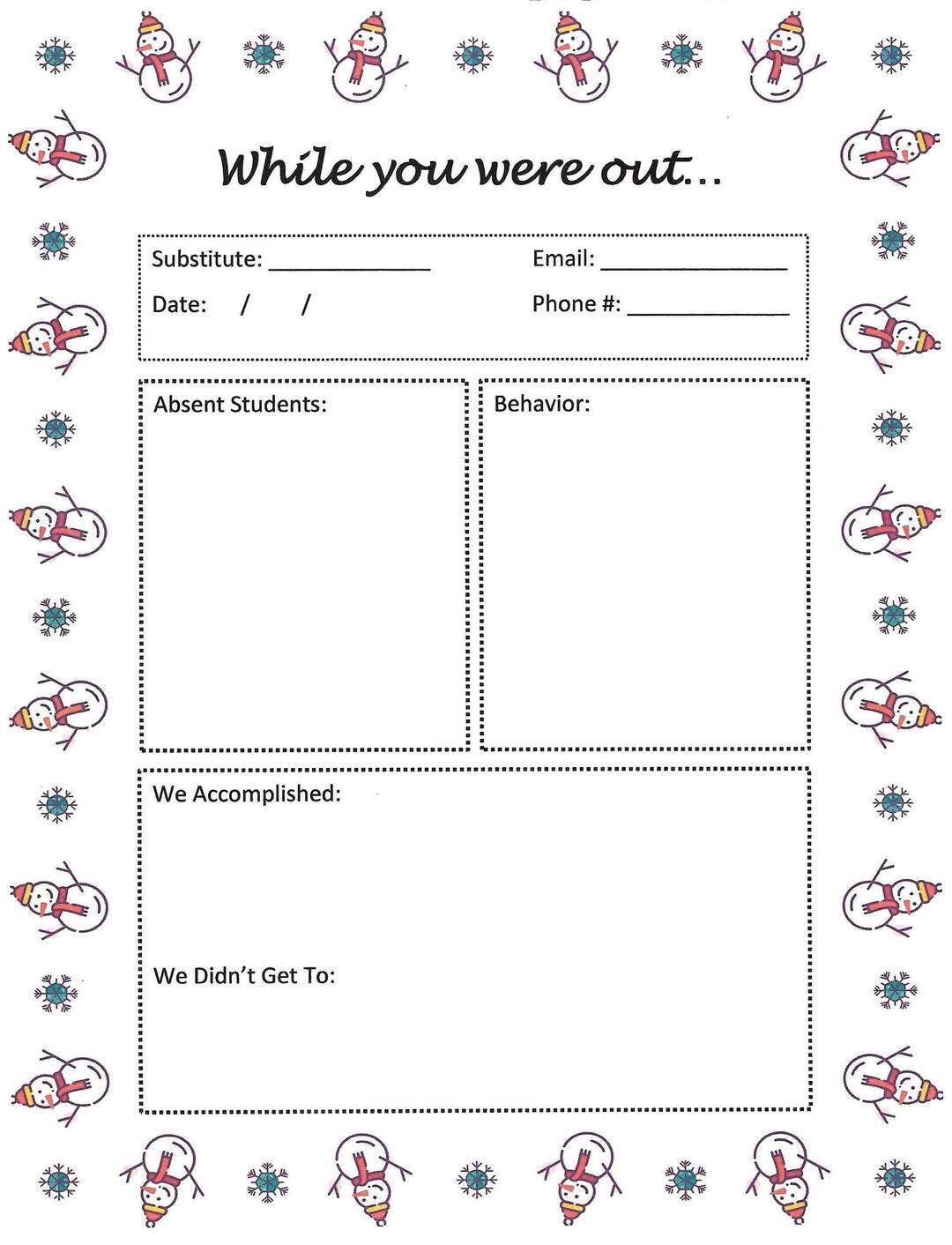Printable Substitute Note With Snowmans, While You Were Away - Etsy