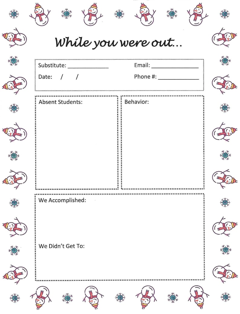 Printable Substitute Note With Snowmans, While You Were Away - Etsy
