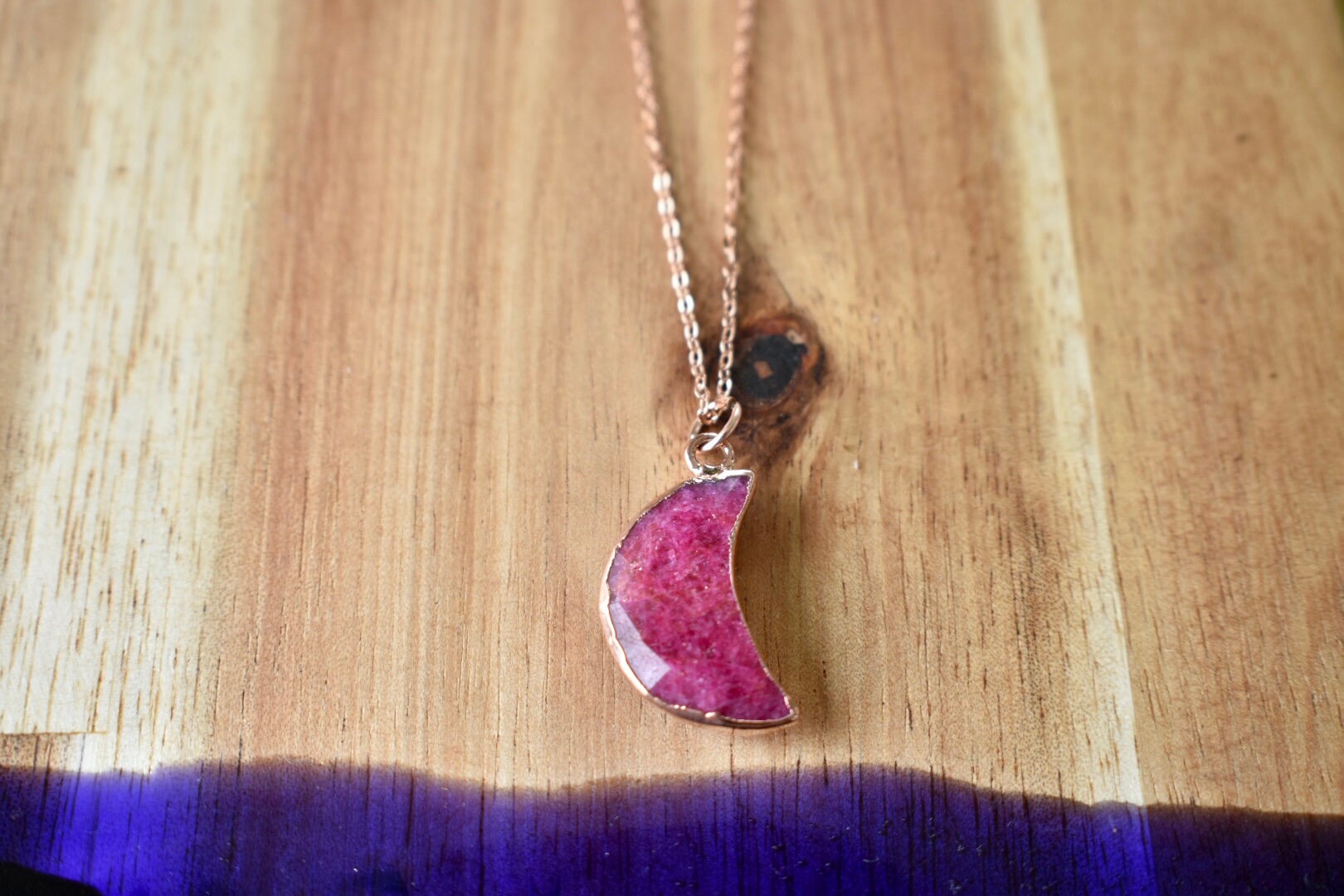 Dyed Ruby Crescent Moon Necklace Sterling Silver, Gold & Rose With ...