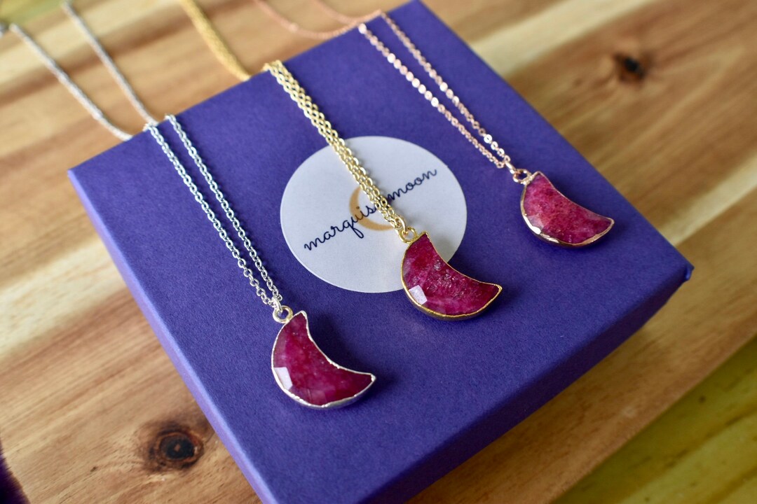 Dyed Ruby Crescent Moon Necklace Sterling Silver, Gold & Rose With Meaning Card - Etsy