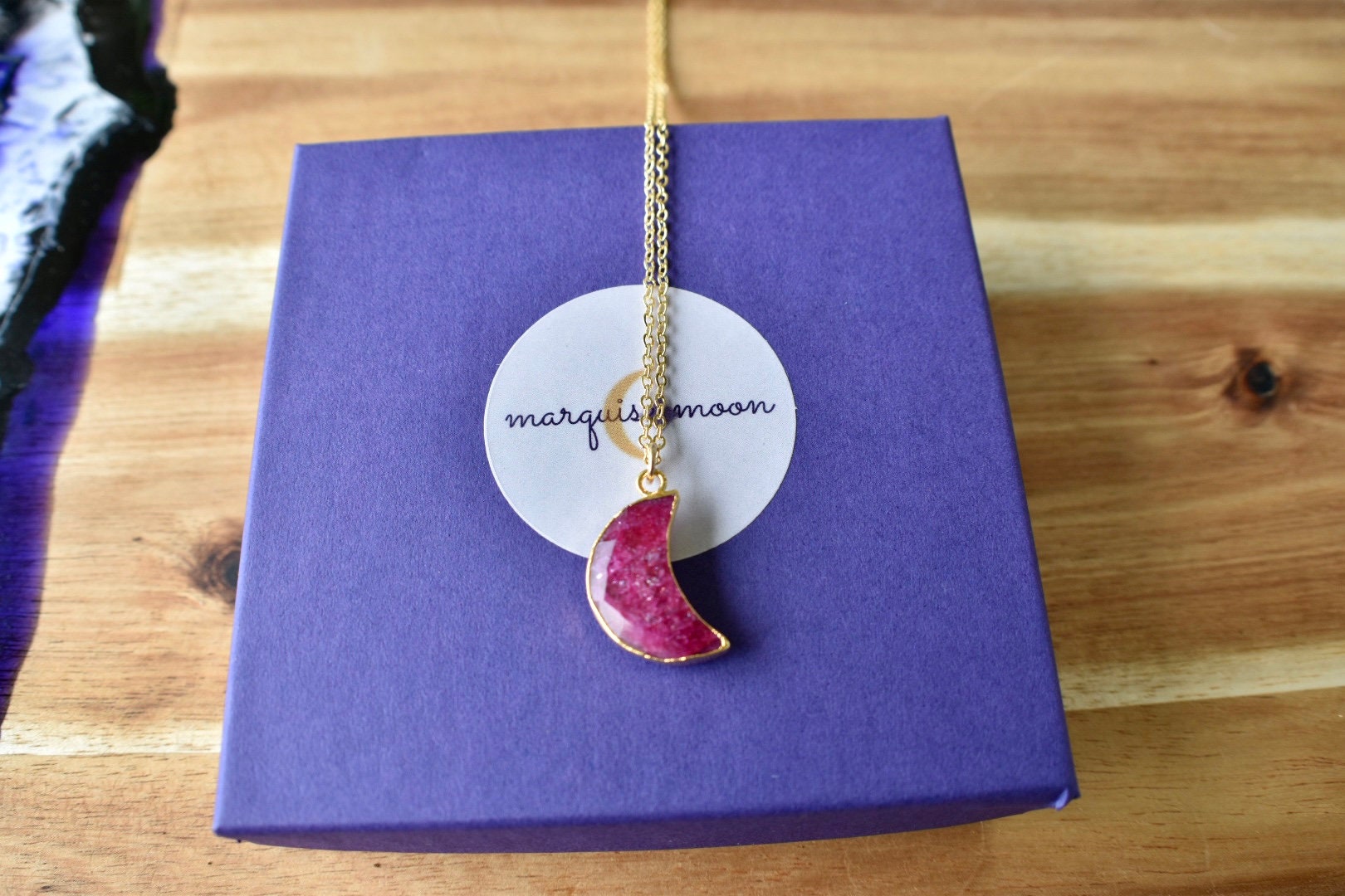 Dyed Ruby Crescent Moon Necklace Sterling Silver, Gold & Rose With ...