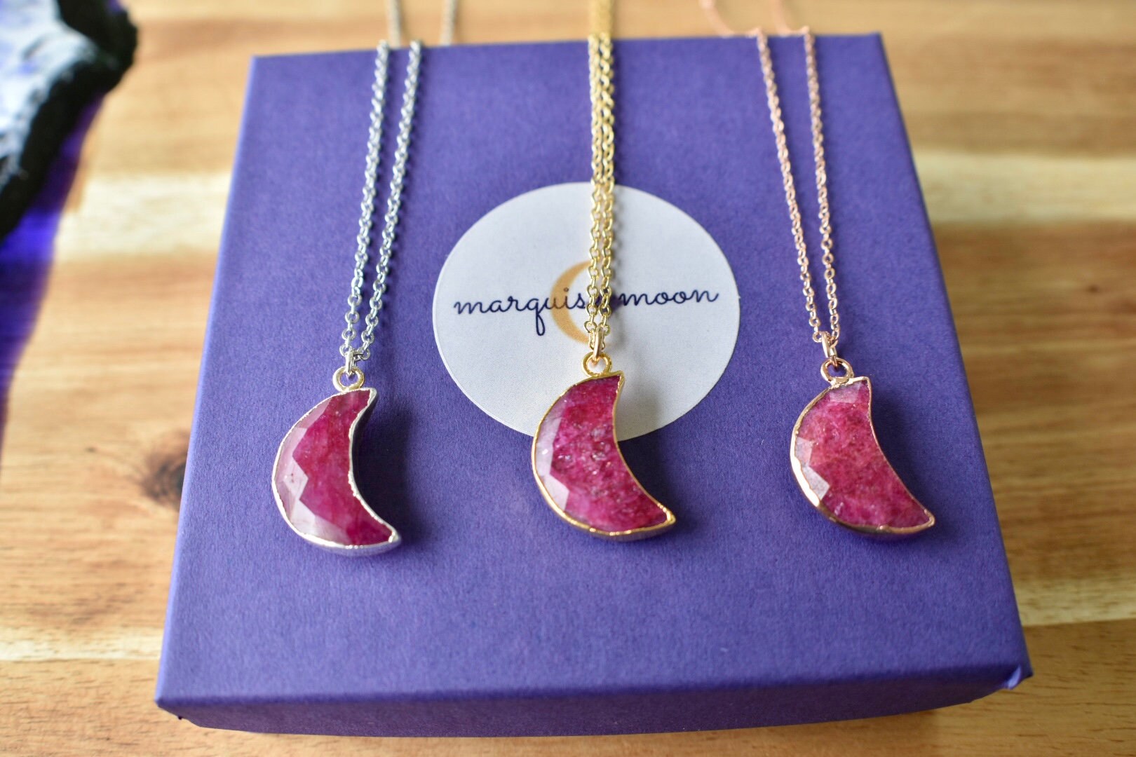 Dyed Ruby Crescent Moon Necklace Sterling Silver, Gold & Rose With ...