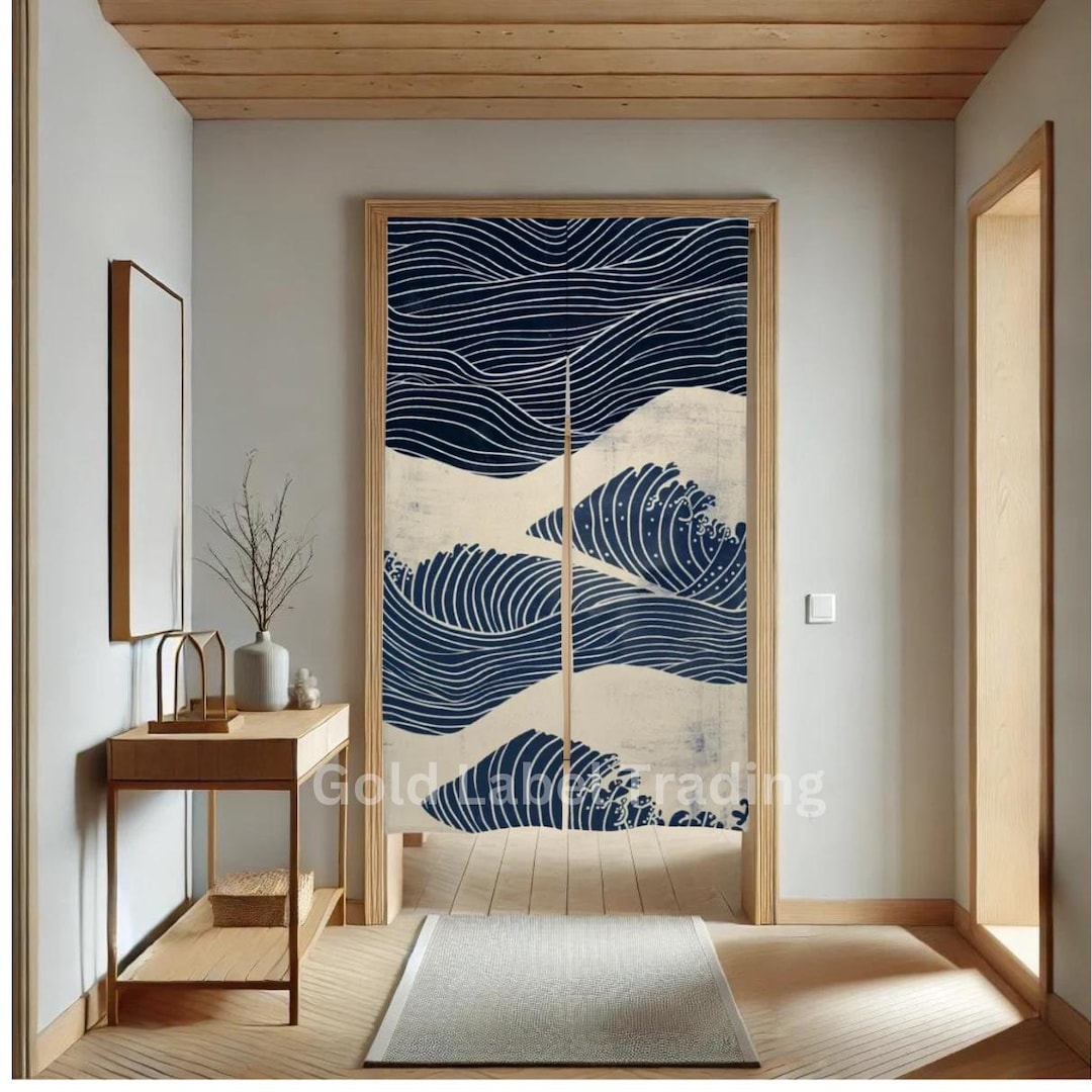 Japanese Noren, Abstract Wave Noren Door Curtain, Japanese Ocean Art ...