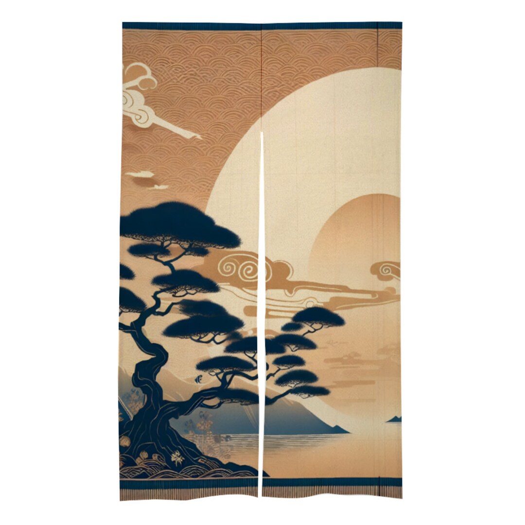 Japanese Noren, Japanese Landscape Artwork Featuring a Bonsai Tree and ...