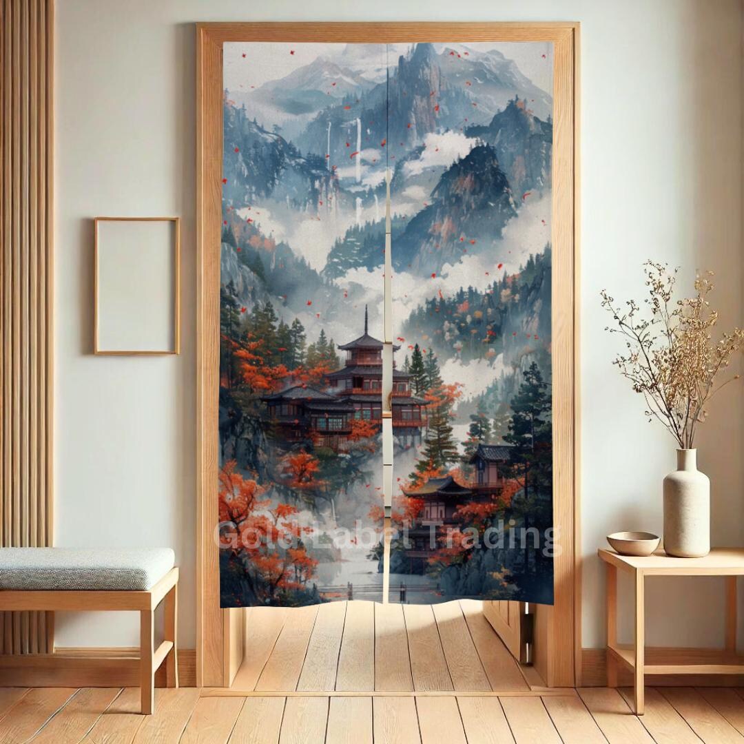 Japanese Noren Doorway Curtain, Temple Mountain Tapestry, Zen Room ...