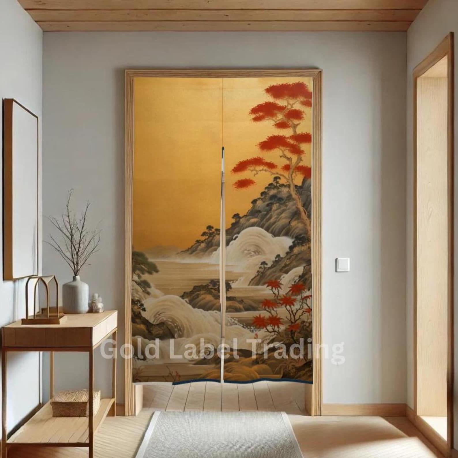 Japanese Gold Waterfall Vintage Landscape Noren Curtain, Doorway ...