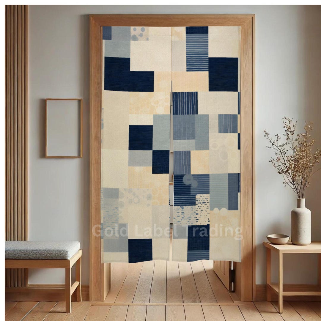 Abstract Japanese Noren Curtain - Light Indigo & Beige Geometric Design ...