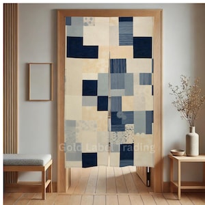 Abstract Japanese Noren Curtain - Light Indigo & Beige Geometric Design ...