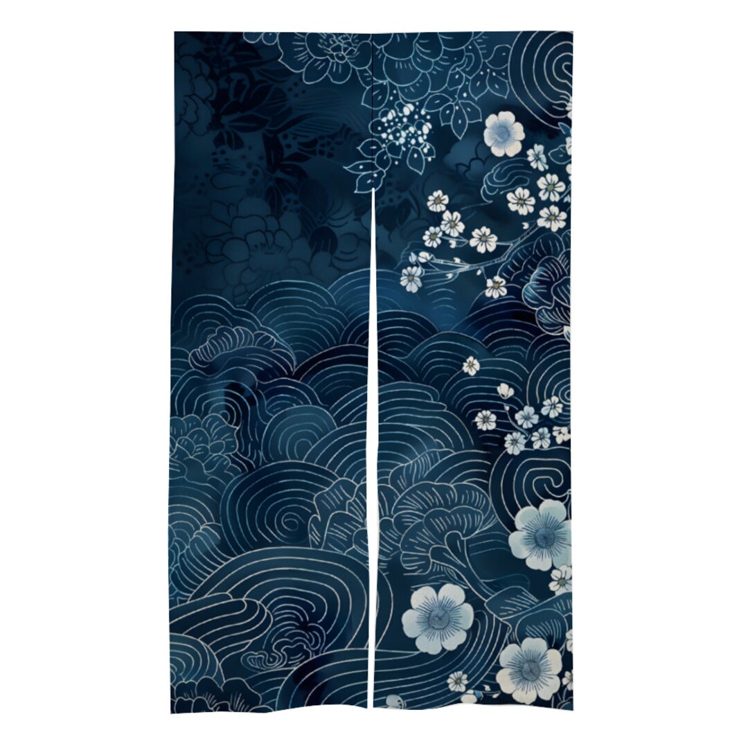 Japanese Noren, Oriental Doorway Curtain, Indigo Sakura Floral Noren ...