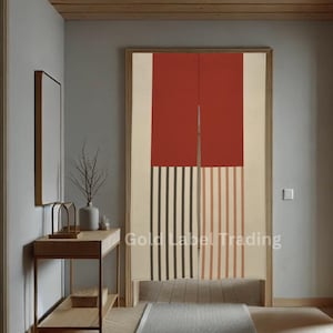 Modern Traditional Japanese Noren Curtain, Red Beige Striped Linen ...