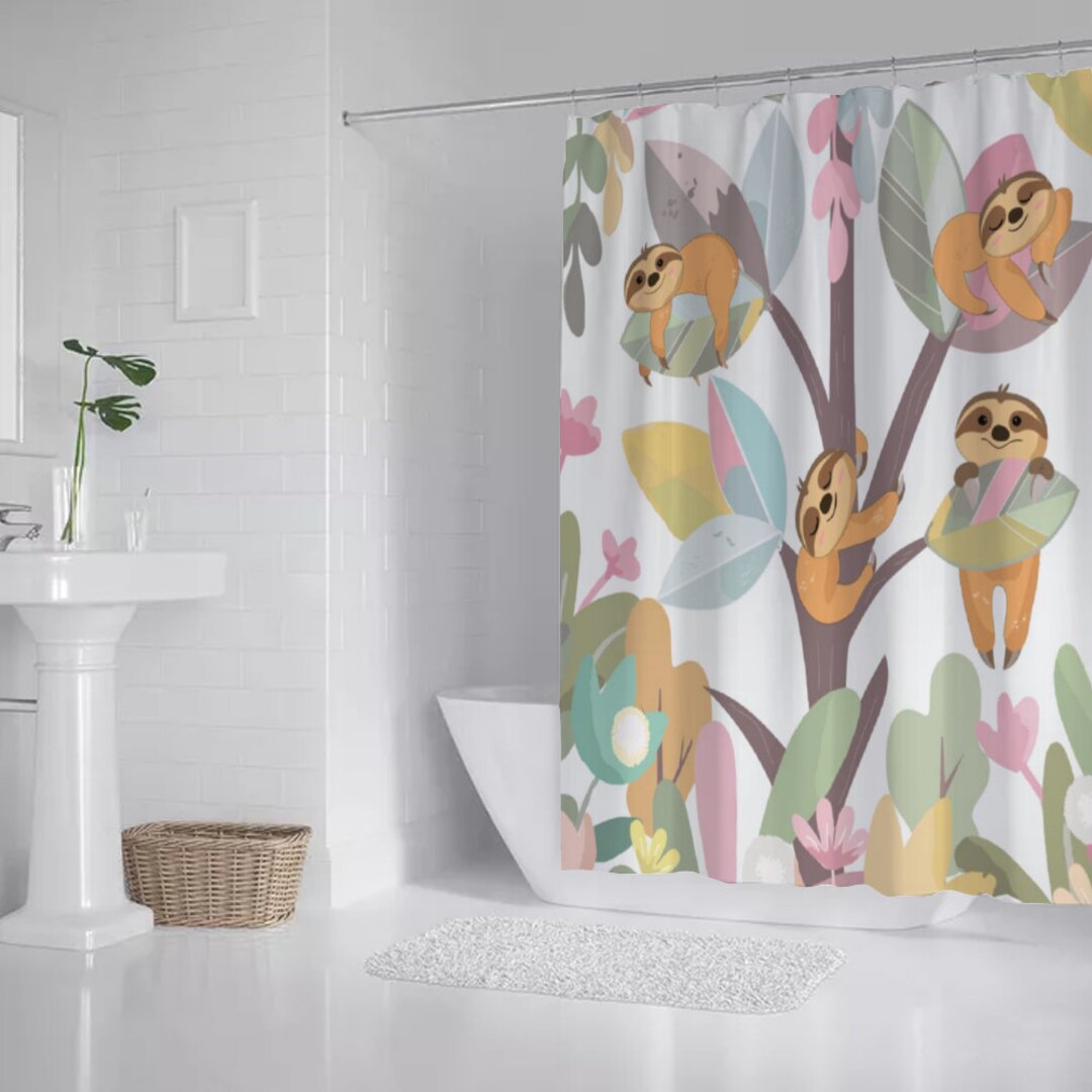 Funny Sloth Forest Shower Curtain, Cute Sloth Waterproof Curtain ...
