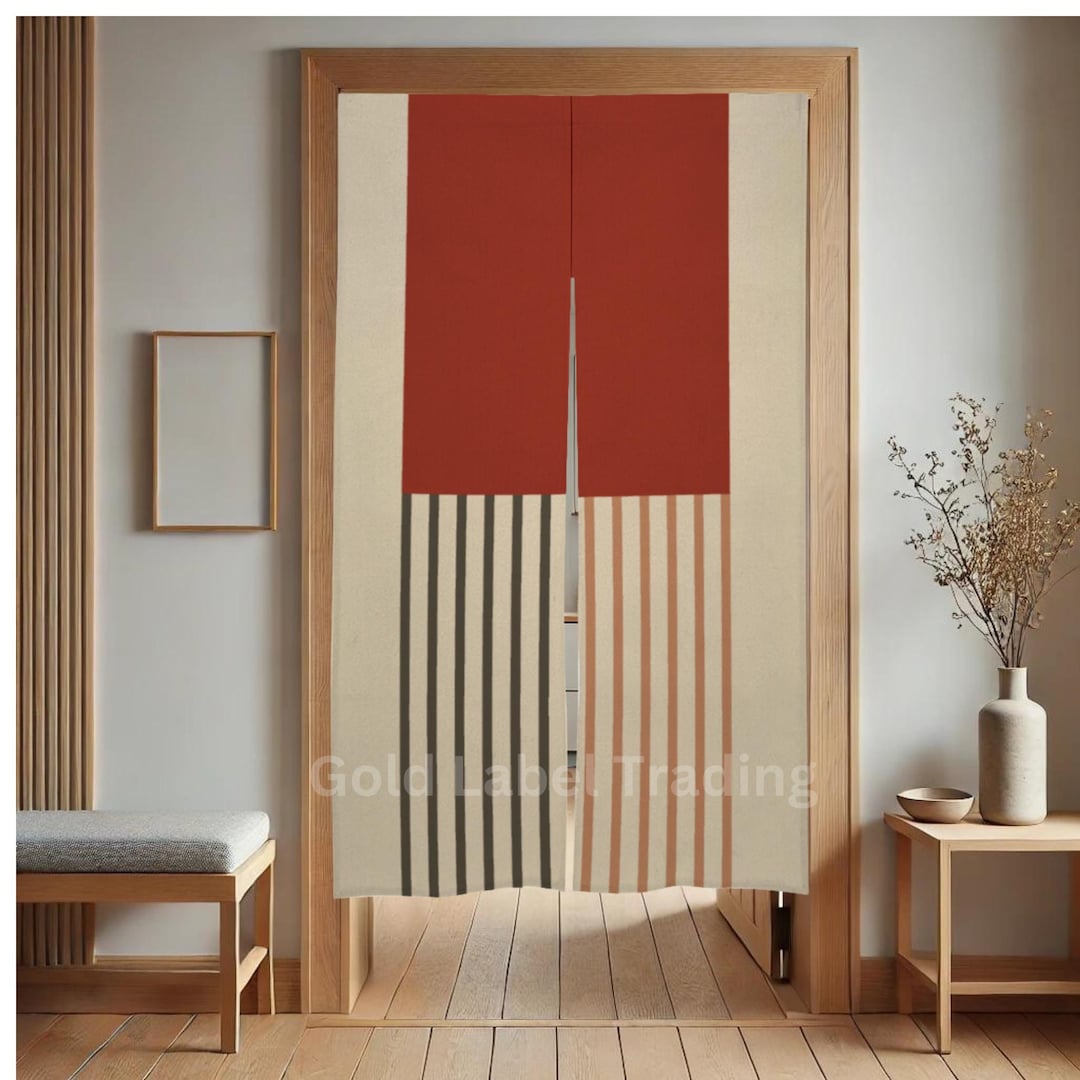Modern Traditional Japanese Noren Curtain, Red Beige Striped Linen ...