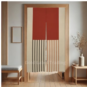 Modern Traditional Japanese Noren Curtain, Red Beige Striped Linen ...