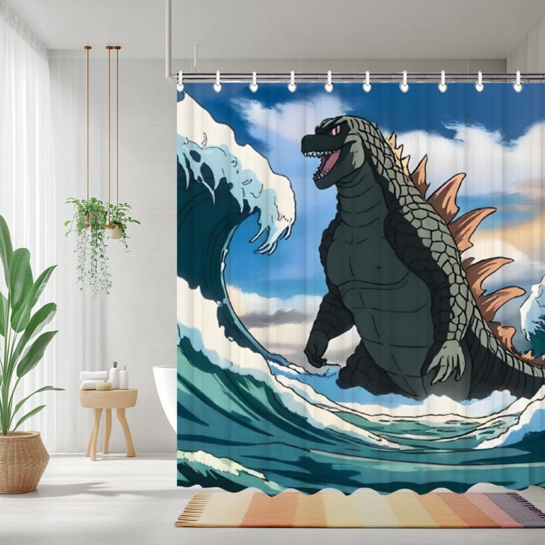 Godzilla Shower Curtain, Japanese Shower Curtain, Japanese Bathroom ...
