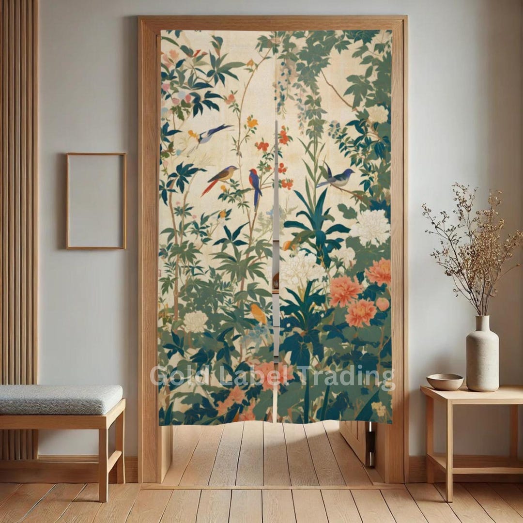 Japanese Birds in Wonderland Noren, Japanese Noren, Birds Door Curtain ...