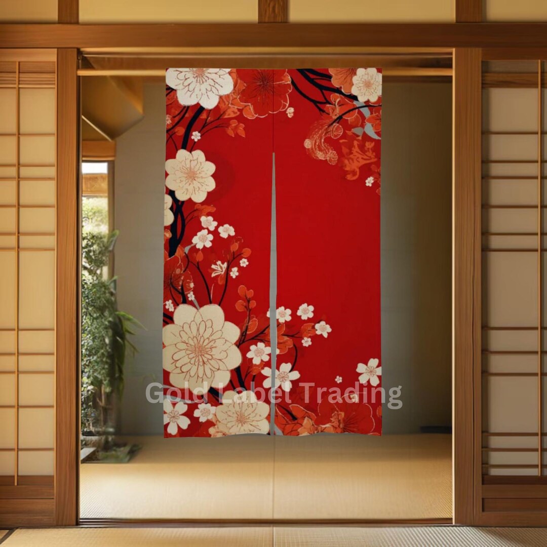 Japanese Red Noren - Red Cherry Blossom Floral Door Curtain - Japanese ...
