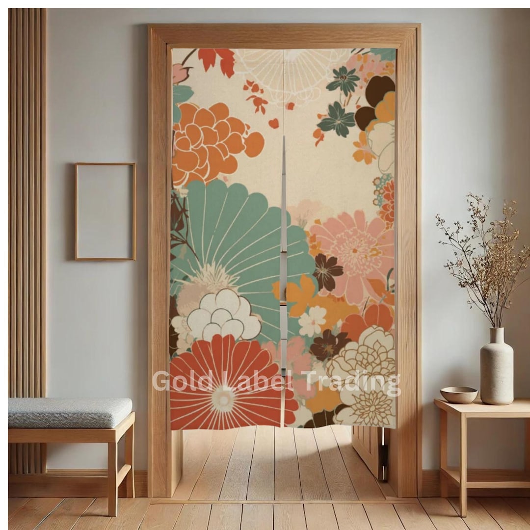 Japanese Floral Noren Curtain - Japanese Traditional Pattern, Room ...