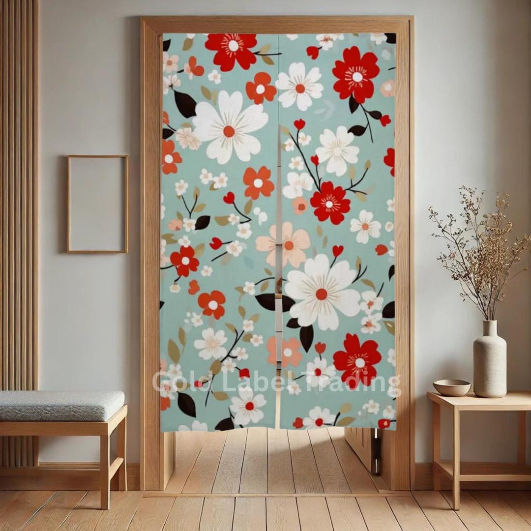 Japanese Noren, Spring Theme Noren Doorway Curtain, Light Teal Doorway ...
