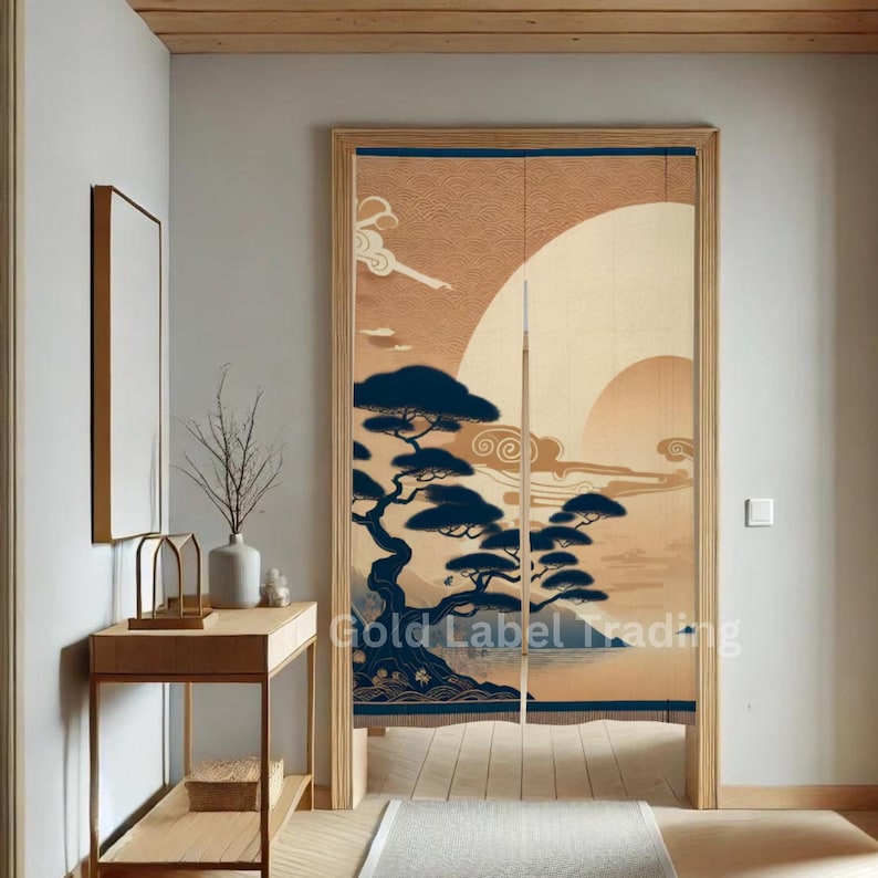 Japanese Noren, Japanese Landscape Artwork Featuring a Bonsai Tree and ...