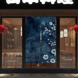 Japanese Noren, Oriental Doorway Curtain, Indigo Sakura Floral Noren ...
