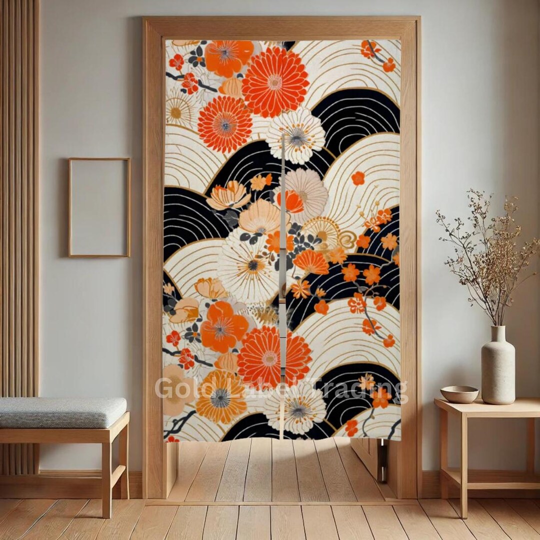 Japanese Floral Noren Door Curtain - Japanese Flower Pattern Room ...