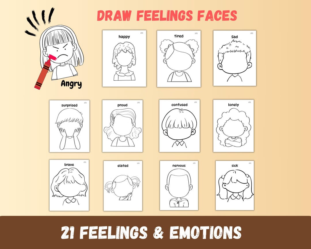 Draw Faces Colouring | Feelings Coloring Pages for Kids | Emotions ...