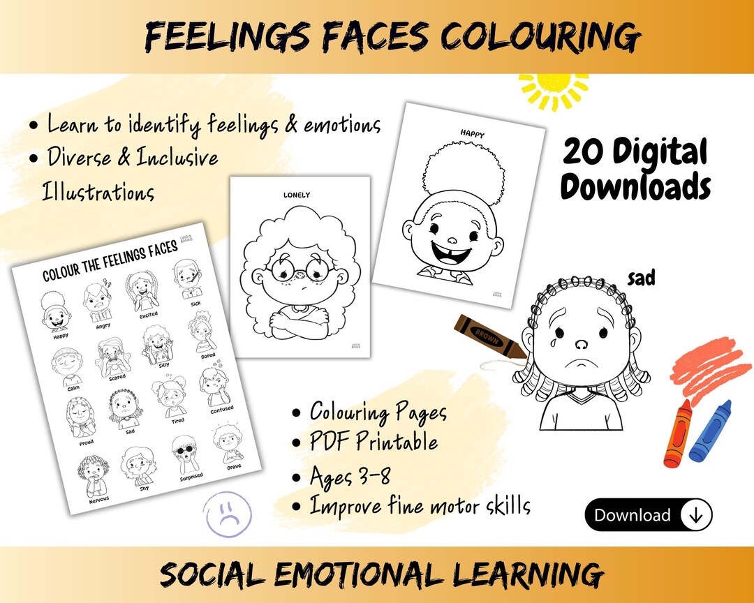 Feelings Faces Coloring Pages: Kids Emotions Activity (PDF Download) - Etsy