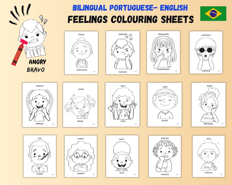 Portuguese & English Emotions Printable Brazilian Kids Feeling Faces ...