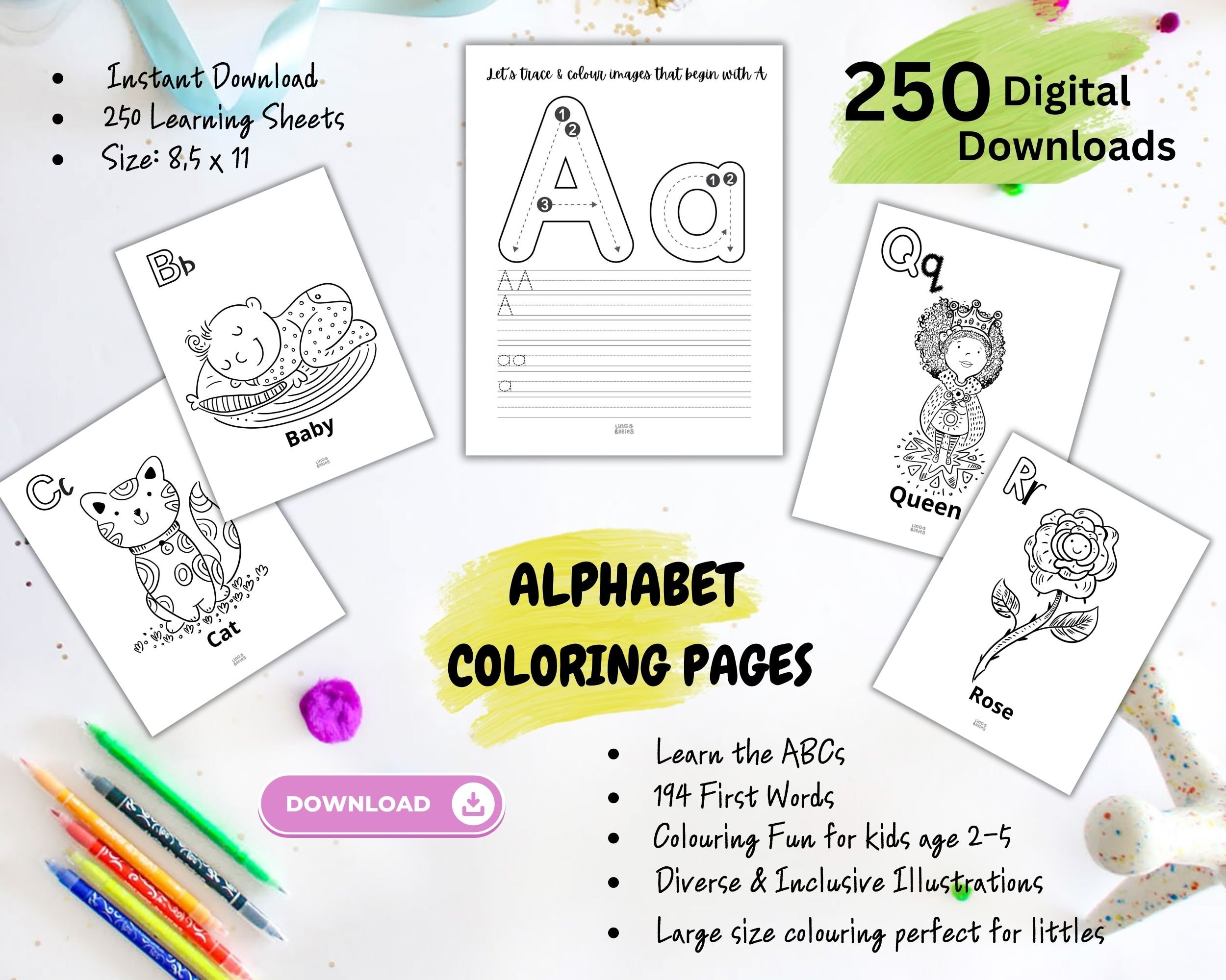 200 ABC First Words Coloring Pages Alphabet Tracing & Writing Preschool ...