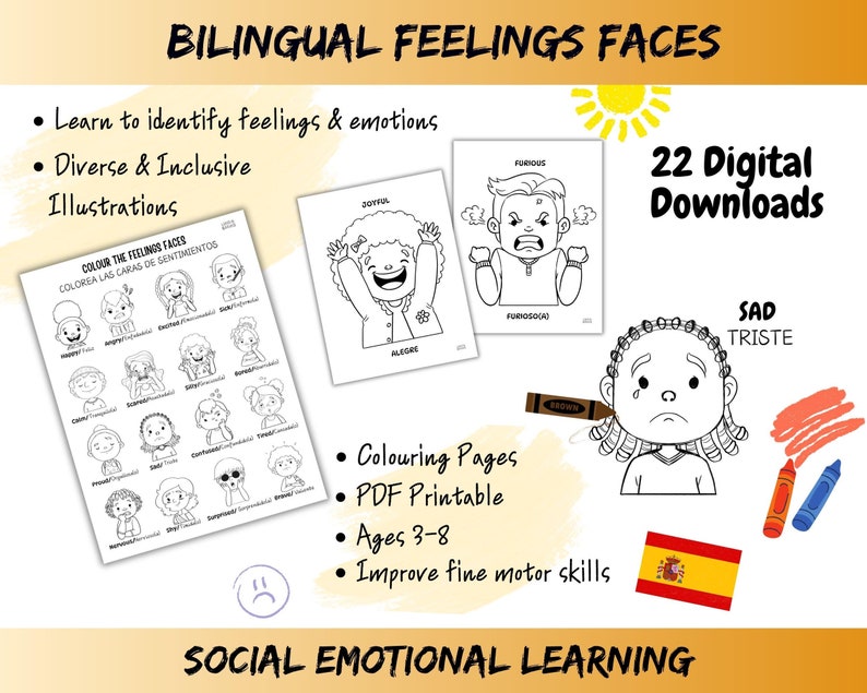 Feelings Coloring Pages: Spanish Preschool SEL Worksheets (PDF ...
