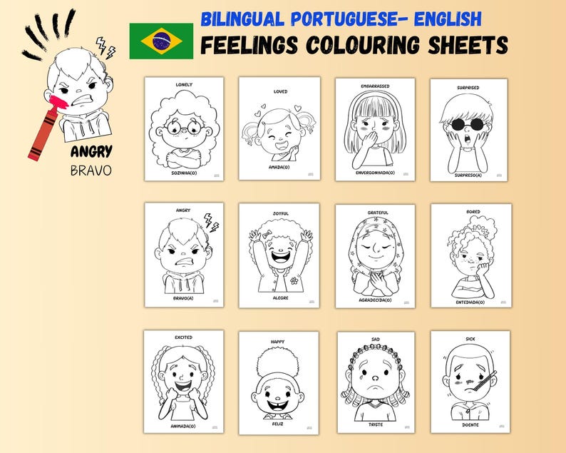 Portuguese & English Emotions Printable | Brazilian Kids Feeling Faces ...