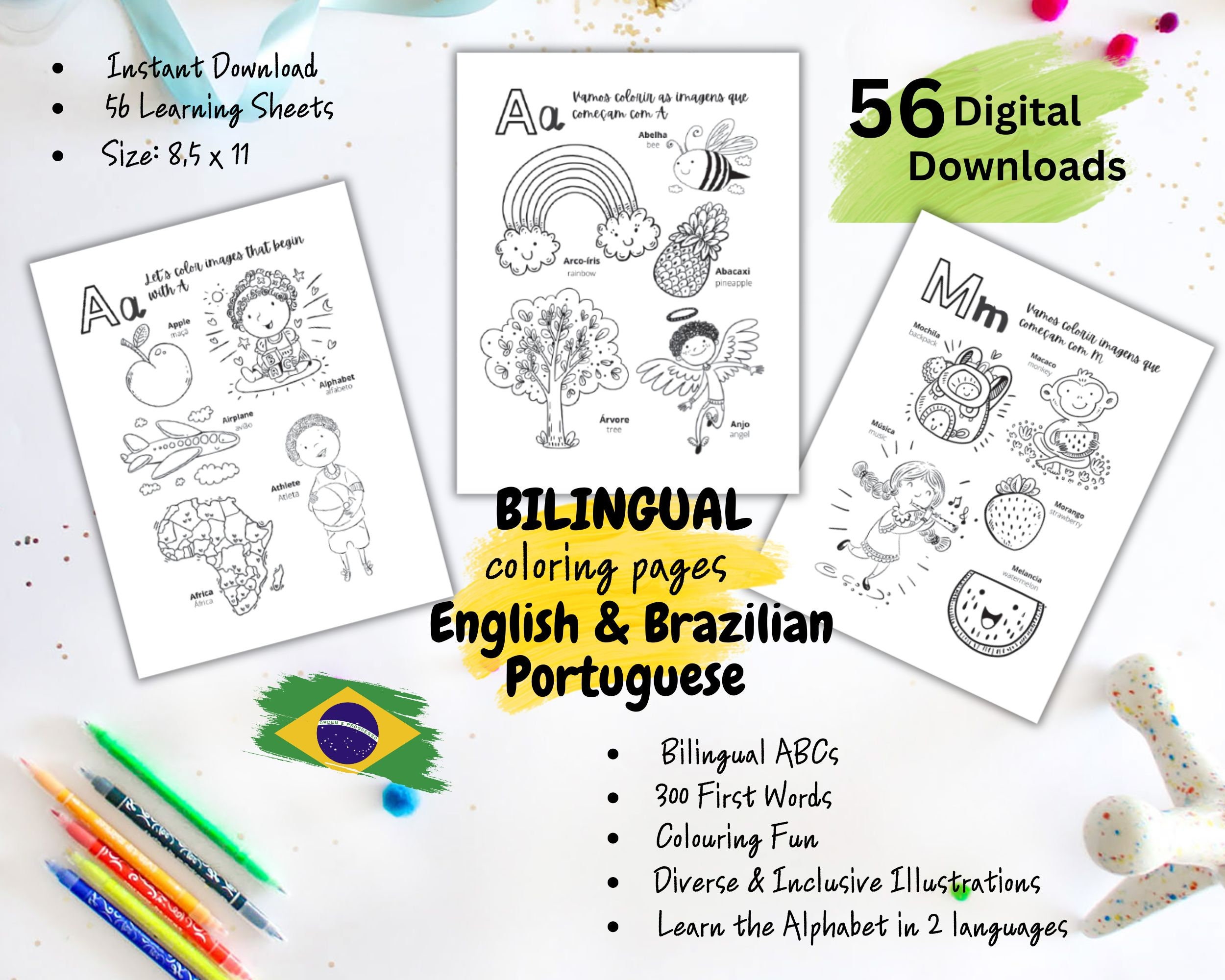 Bilingual Alphabet Coloring Pages: English & Brazilian Portuguese ...