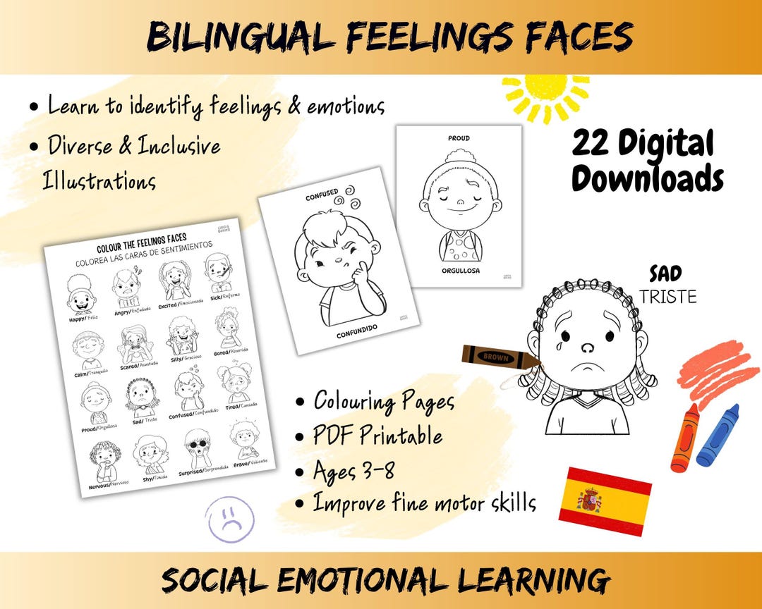 Feelings Colouring Pages for Kids Spanish Preschool & Kindergarten ...