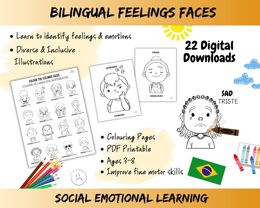 Portuguese & English Emotions Printable Brazilian Kids Feeling Faces ...