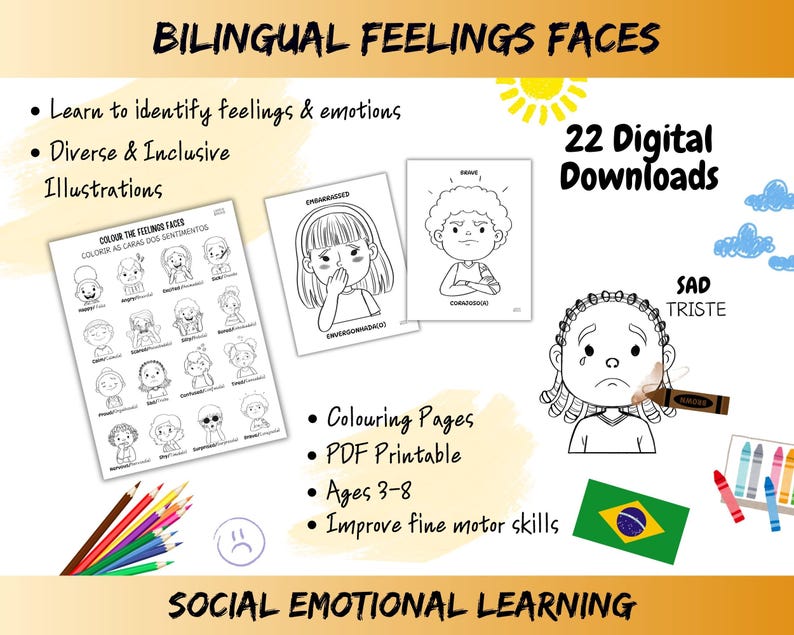 Portuguese & English Emotions Printable | Brazilian Kids Feeling Faces ...