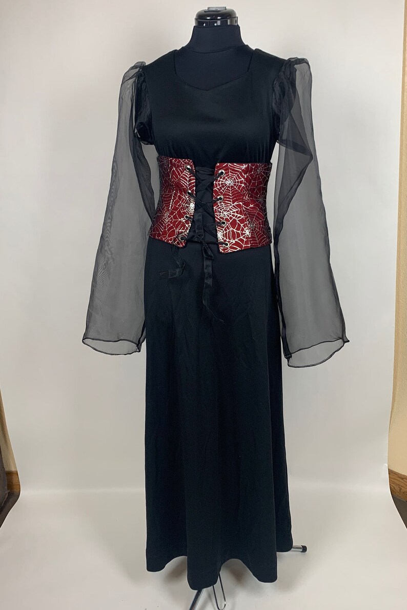 Black Long Witch Costume With Black Sheer Sleeves and Spider Red Corset ...