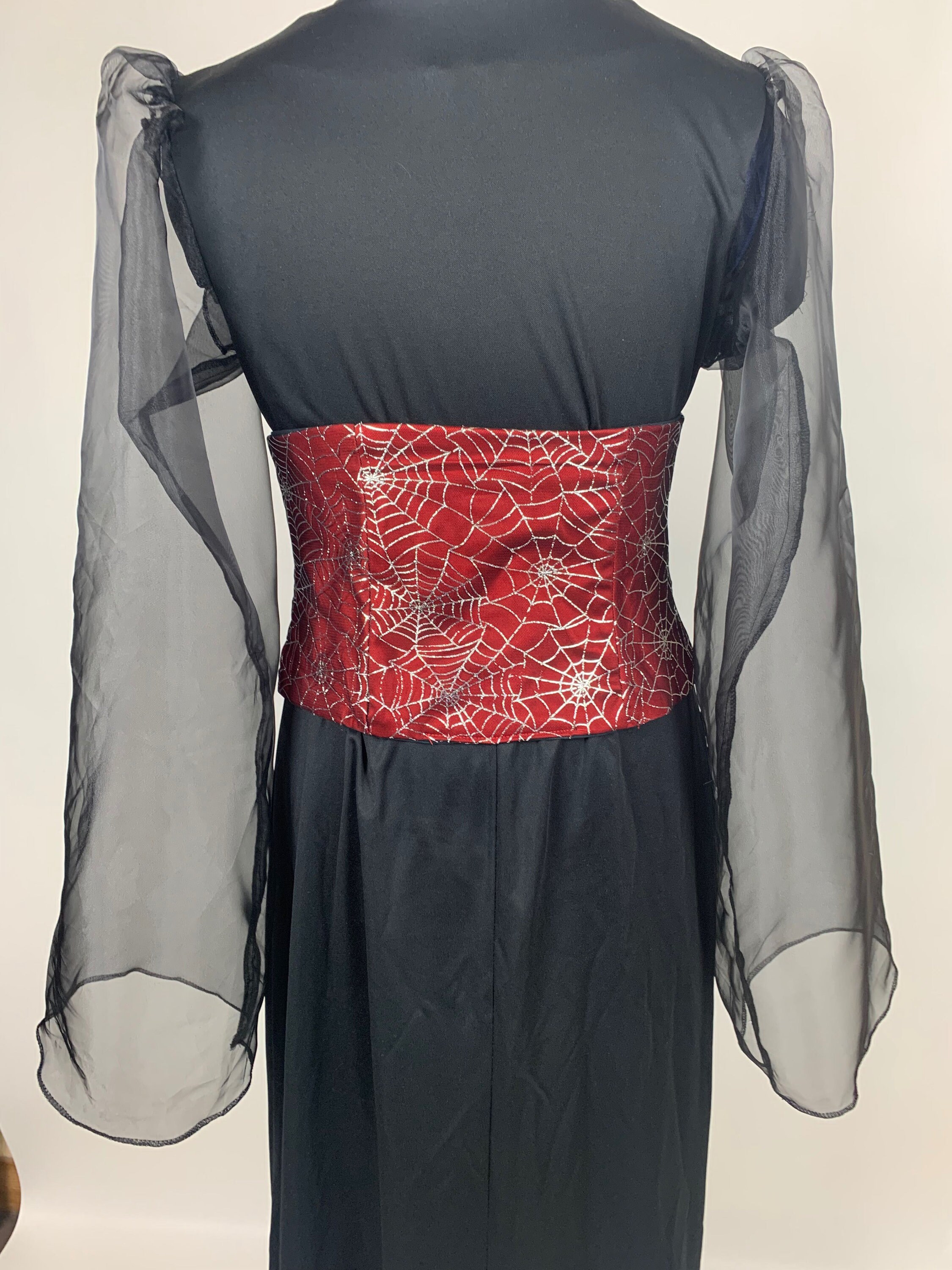 Black Long Witch Costume With Black Sheer Sleeves and Spider Red Corset ...