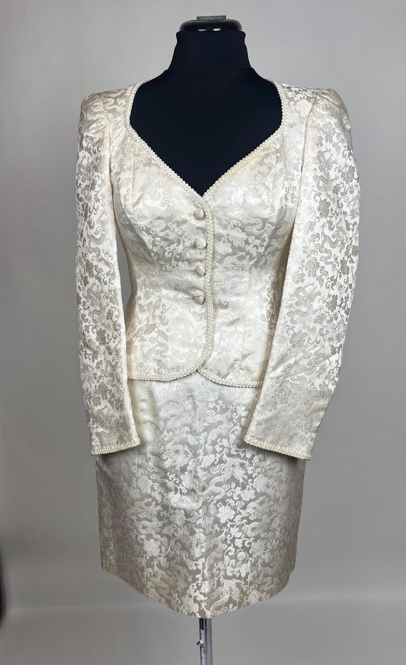 Cream Brocade set jacket and Skirt Size Small 80s/ 9… - Gem