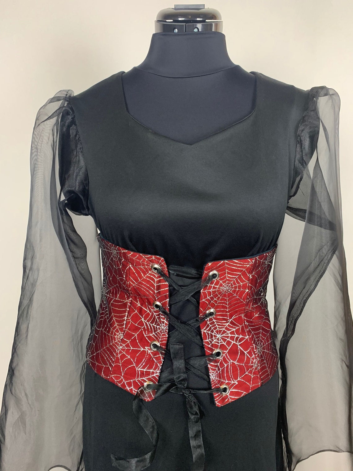 Black Long Witch Costume With Black Sheer Sleeves and Spider Red Corset ...