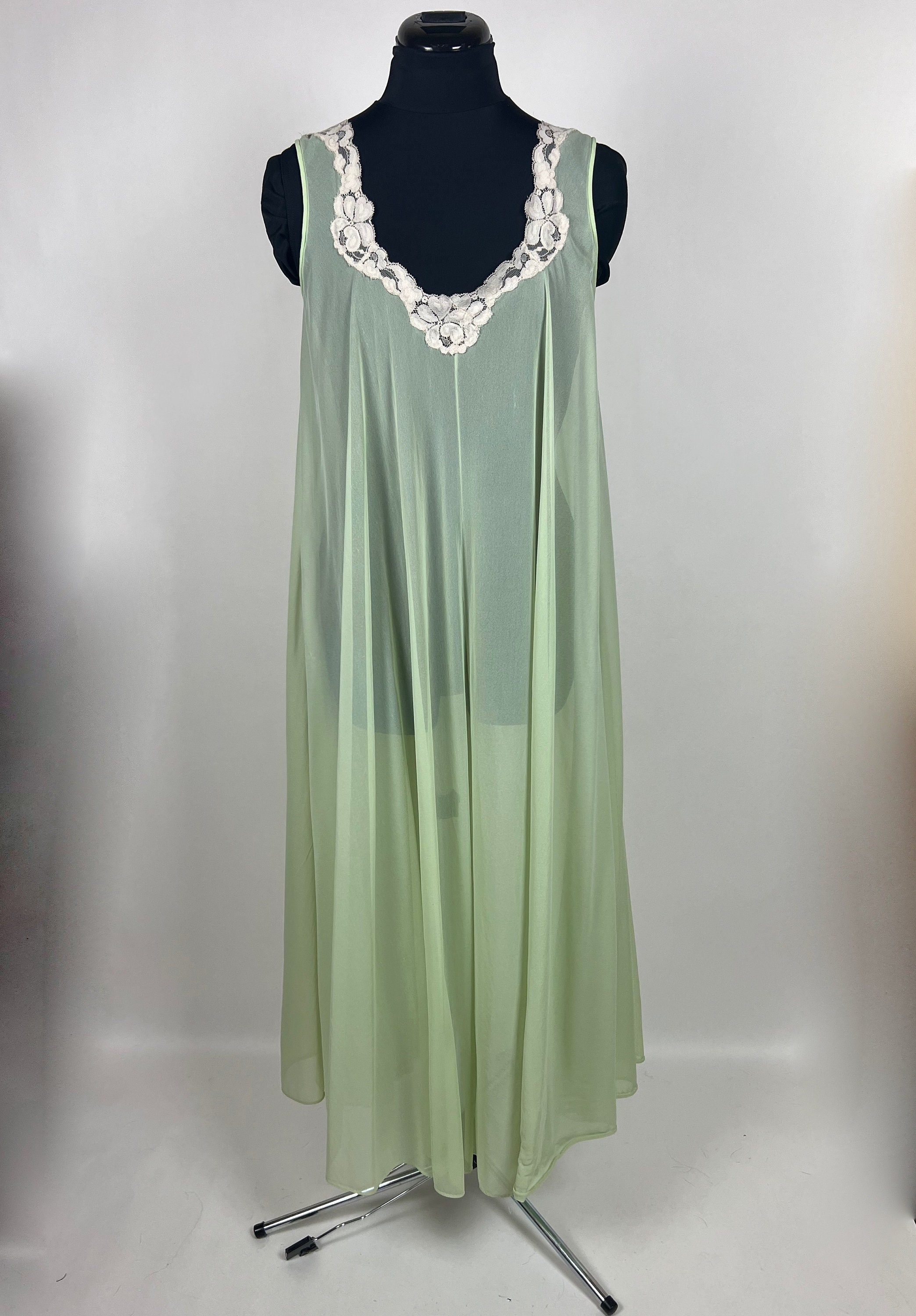 Vintage 70s Green Lingerie Gown Sheer With Cape Val Mode Nylon Medium ...
