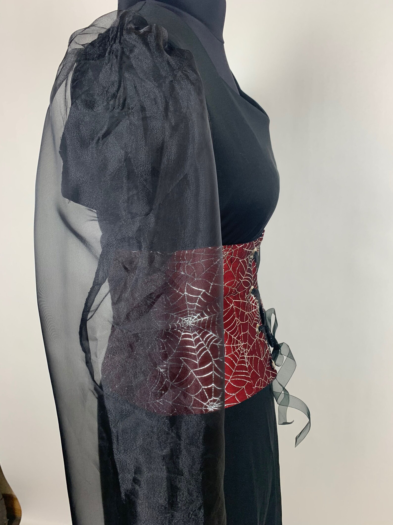 Black Long Witch Costume With Black Sheer Sleeves and Spider Red Corset ...