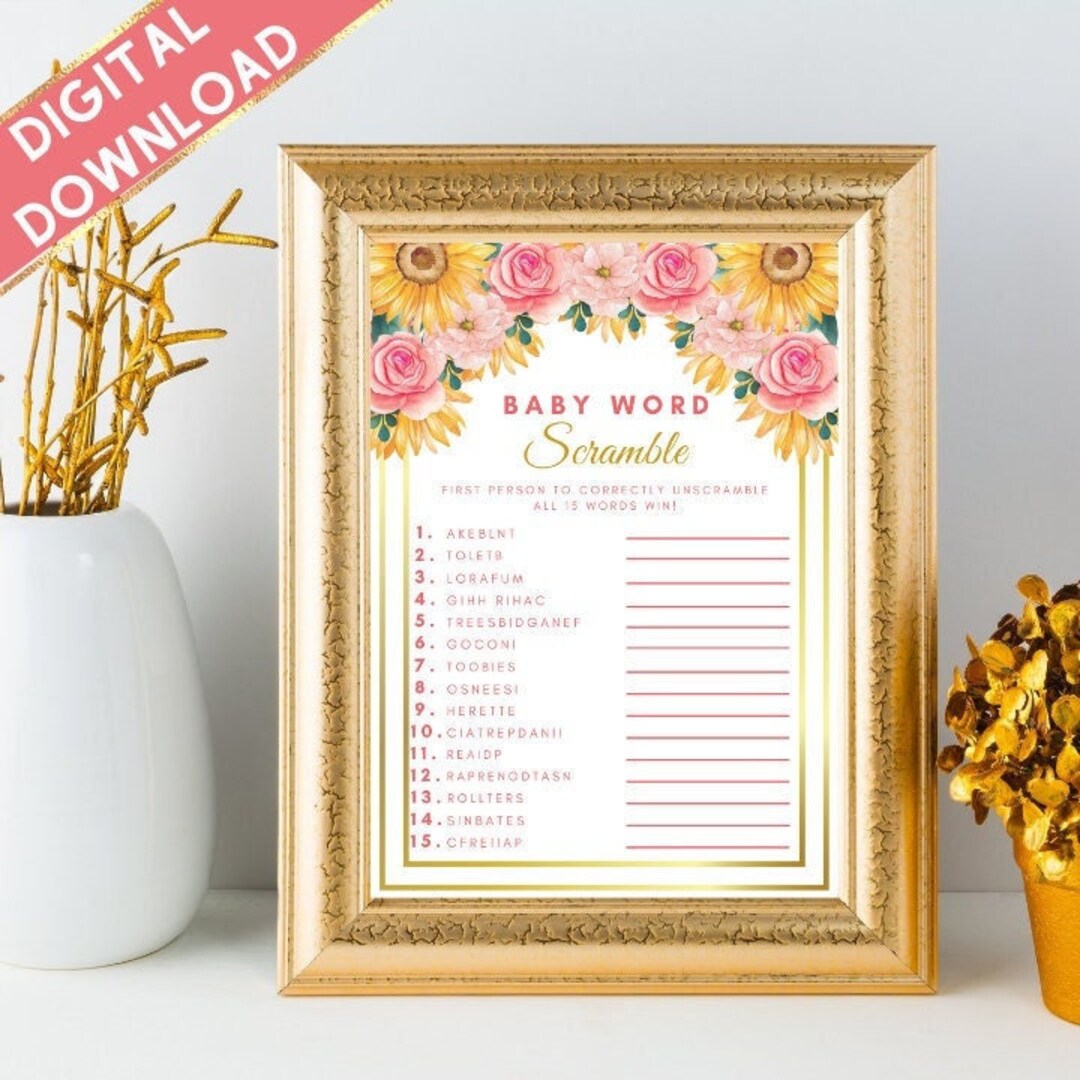 Baby Girl Word Scramble | Baby Shower Game | Pink Rose and Sunflowers ...