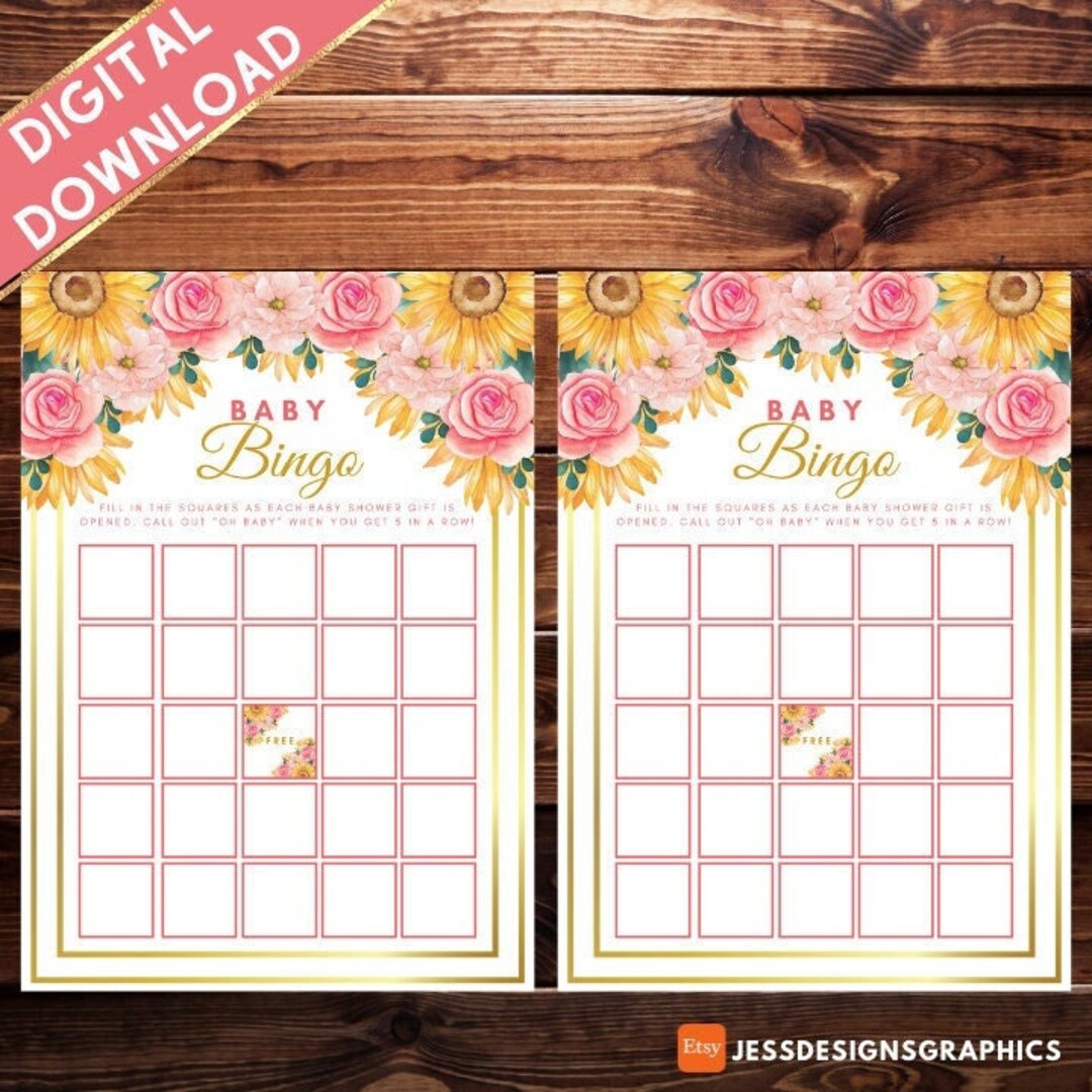 Baby Bingo | Baby Girl Shower Game | Pink Rose and Sunflowers | Instant ...