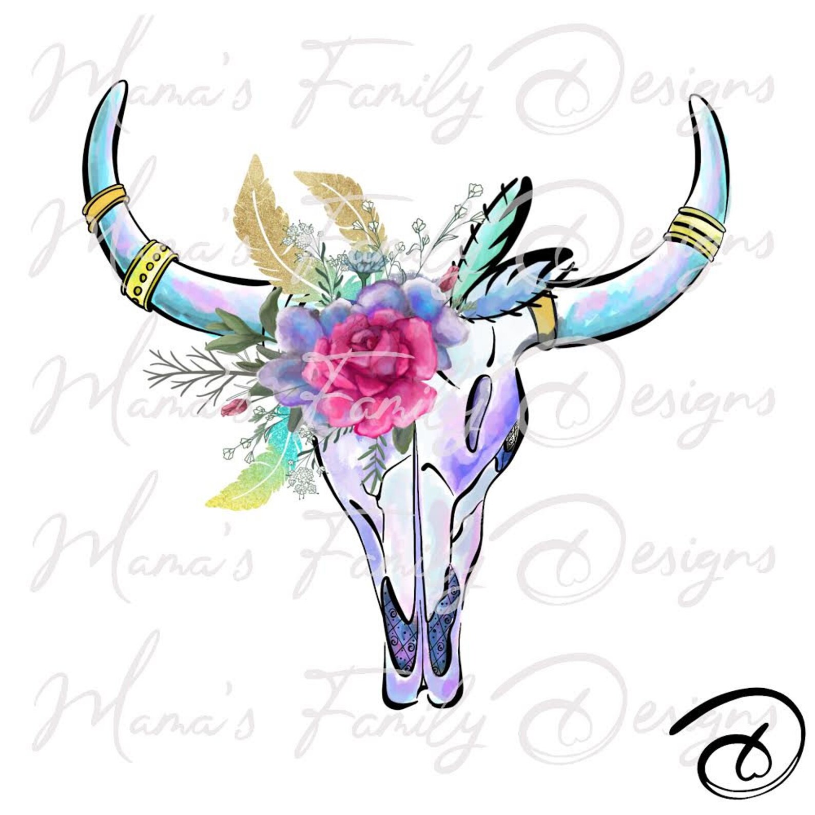 Bull Skull with Flowers and Feathers DIGITAL DOWNLOAD | Etsy