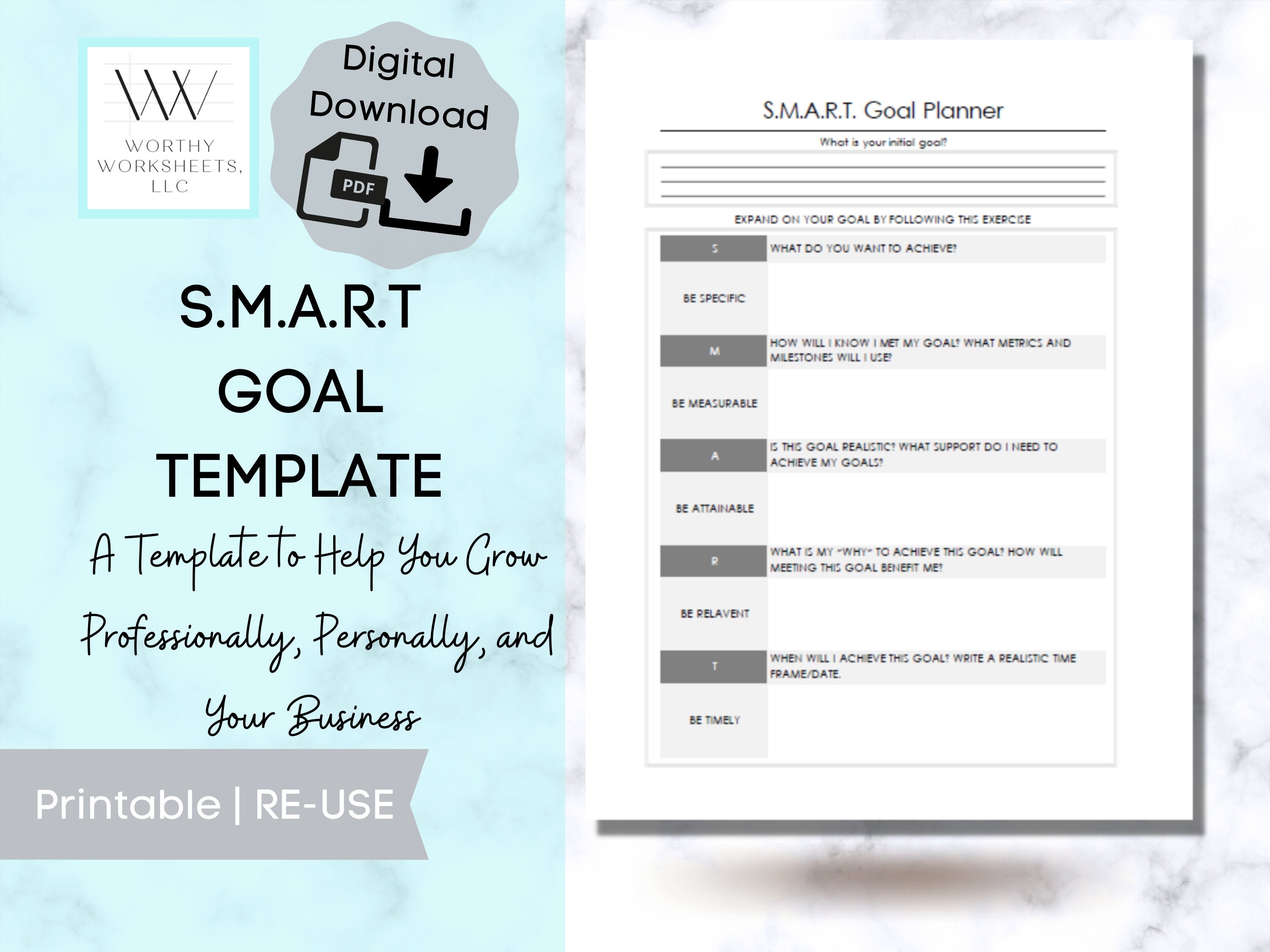 SMART Goal, S.m.a.r.t. Goal, SMART Template, SMART Worksheet, Goal ...