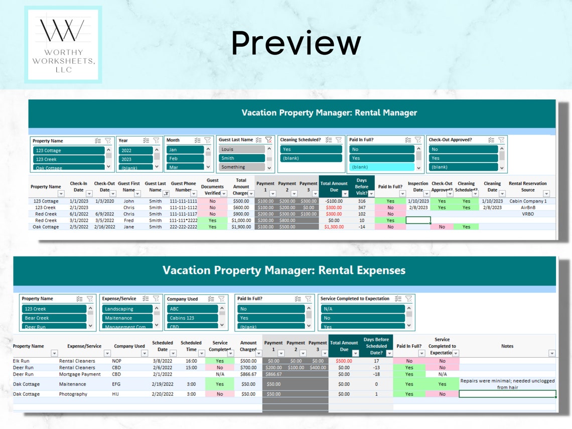 Short Term Rental Spreadsheet, Airbnb Tracker, Property Management ...