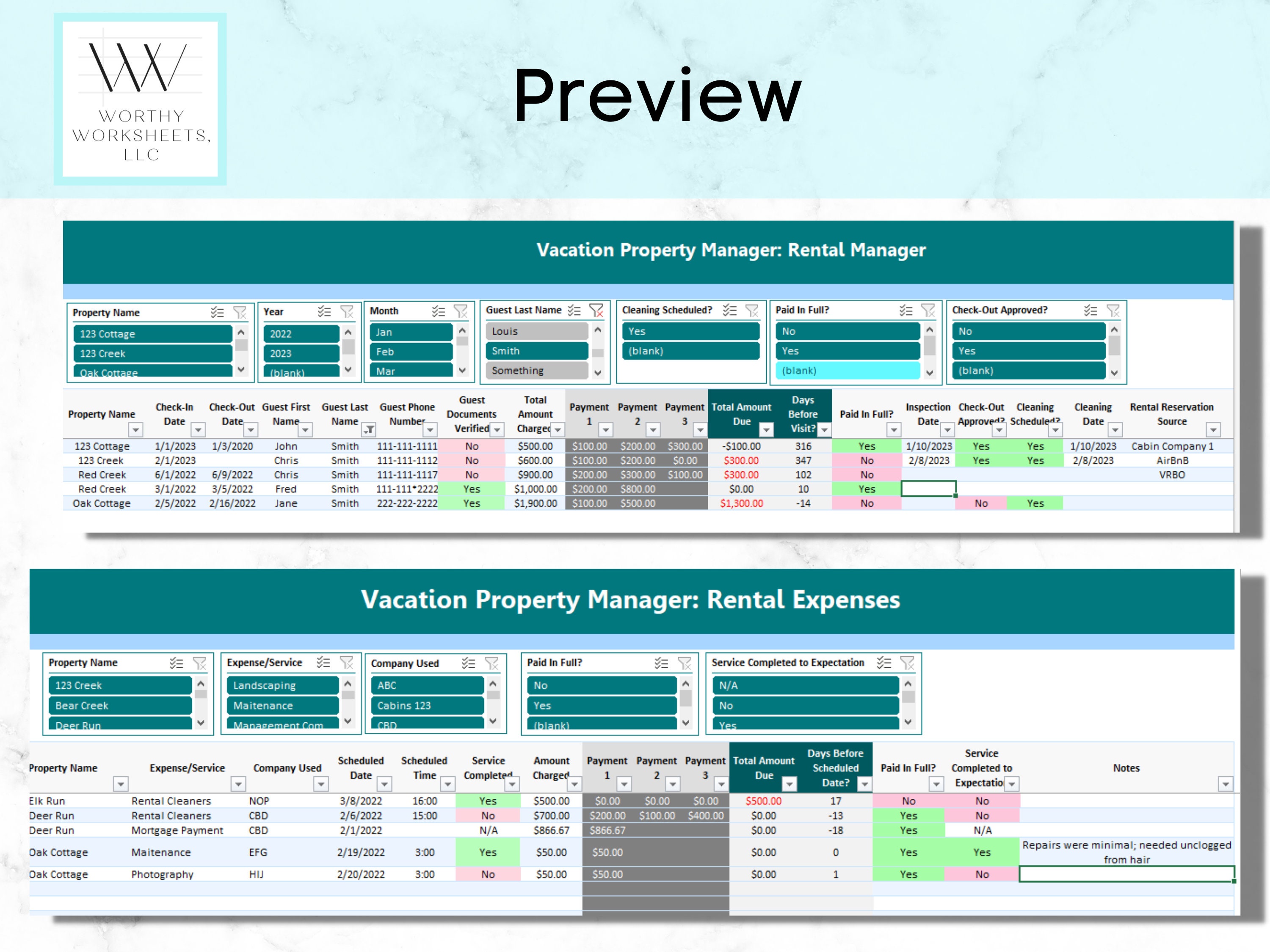 Short Term Rental Spreadsheet, Airbnb Tracker, Property Management ...