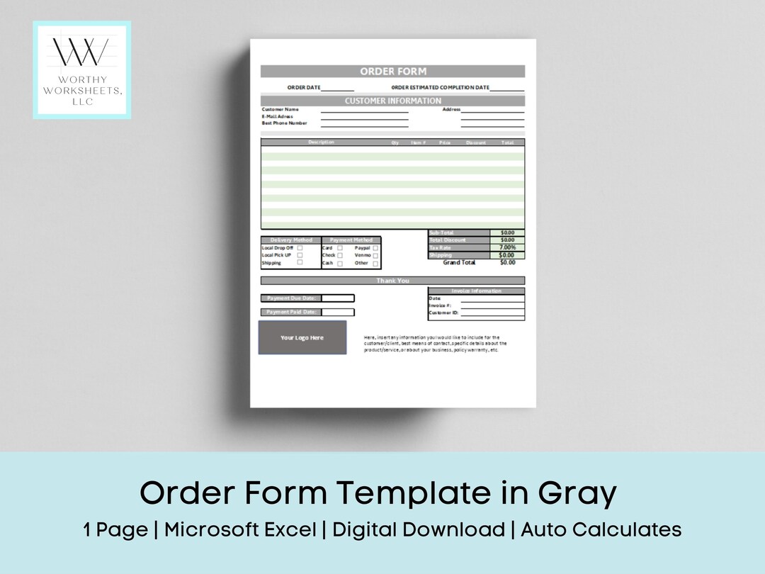 Order Form Template, Order Form Excel, Order Form Spreadsheet, Purchase ...