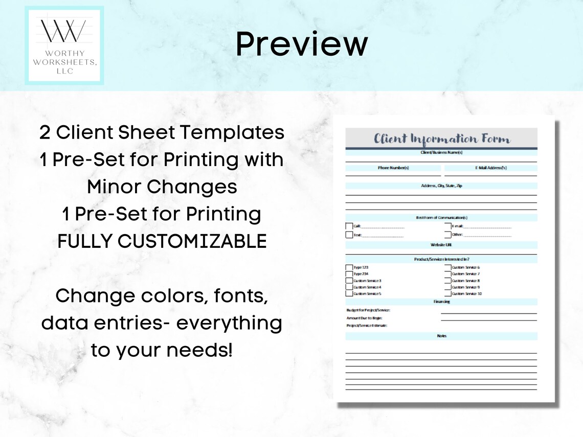 Client Sheet, Client Intake Form, Client Info Excel, Client Contract ...